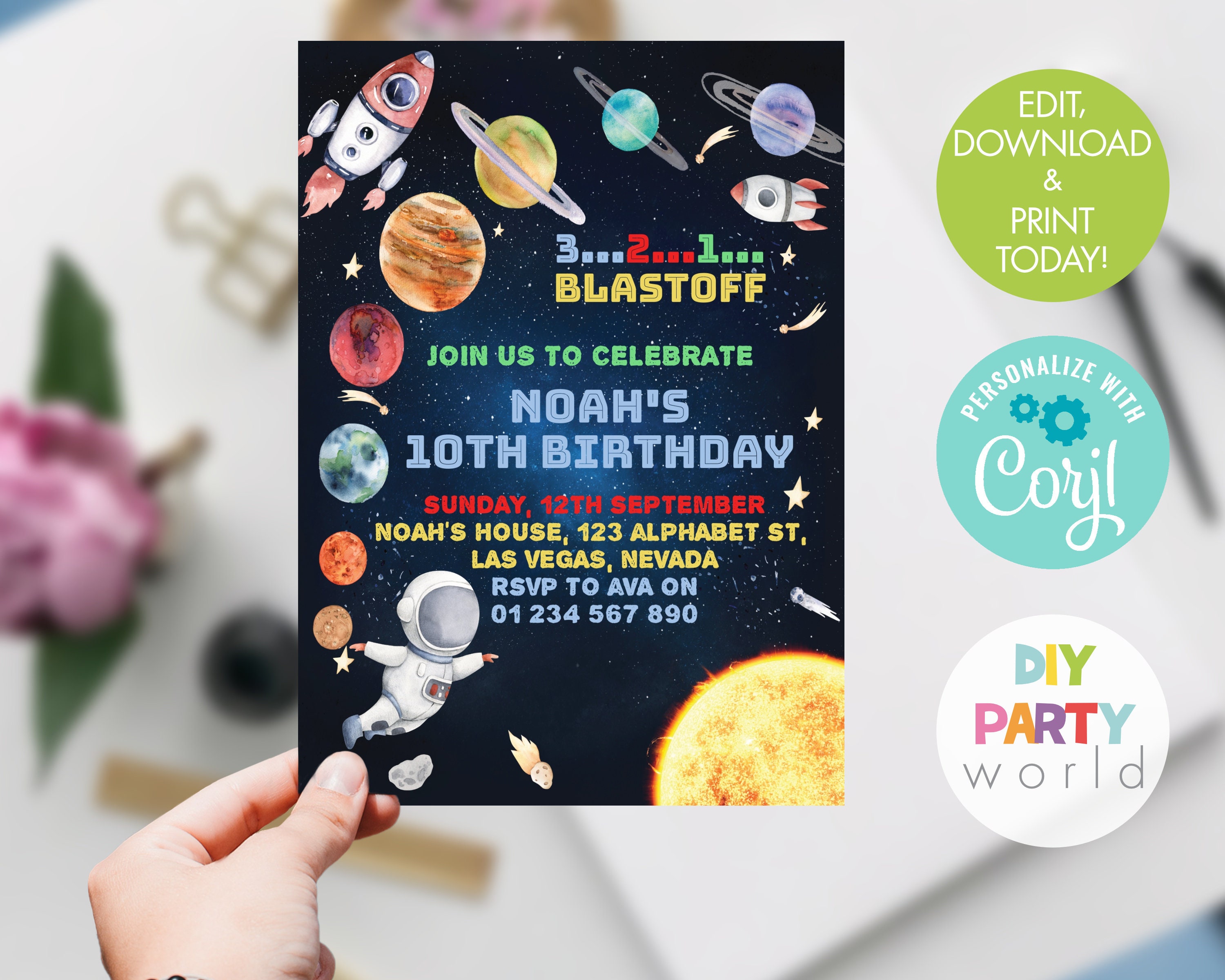 Editable Planets Birthday Invitation Printable Space Theme Party Invite ...