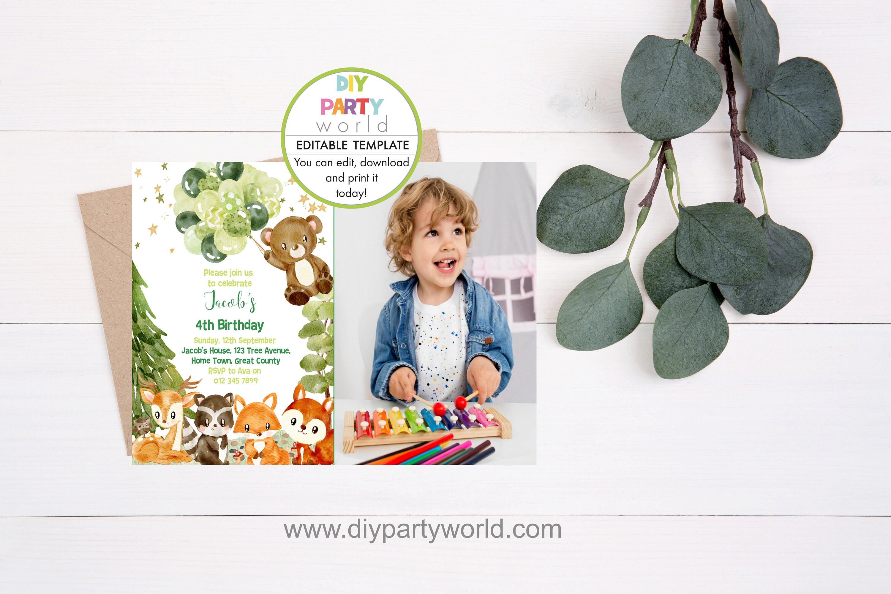 Editable Woodland Animals Birthday Photo Invitation Printable - Etsy ...