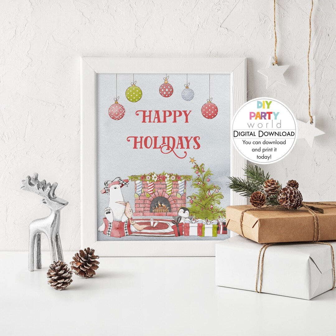 Happy Holidays Sign Printable Cute Animals Christmas Decor Happy ...