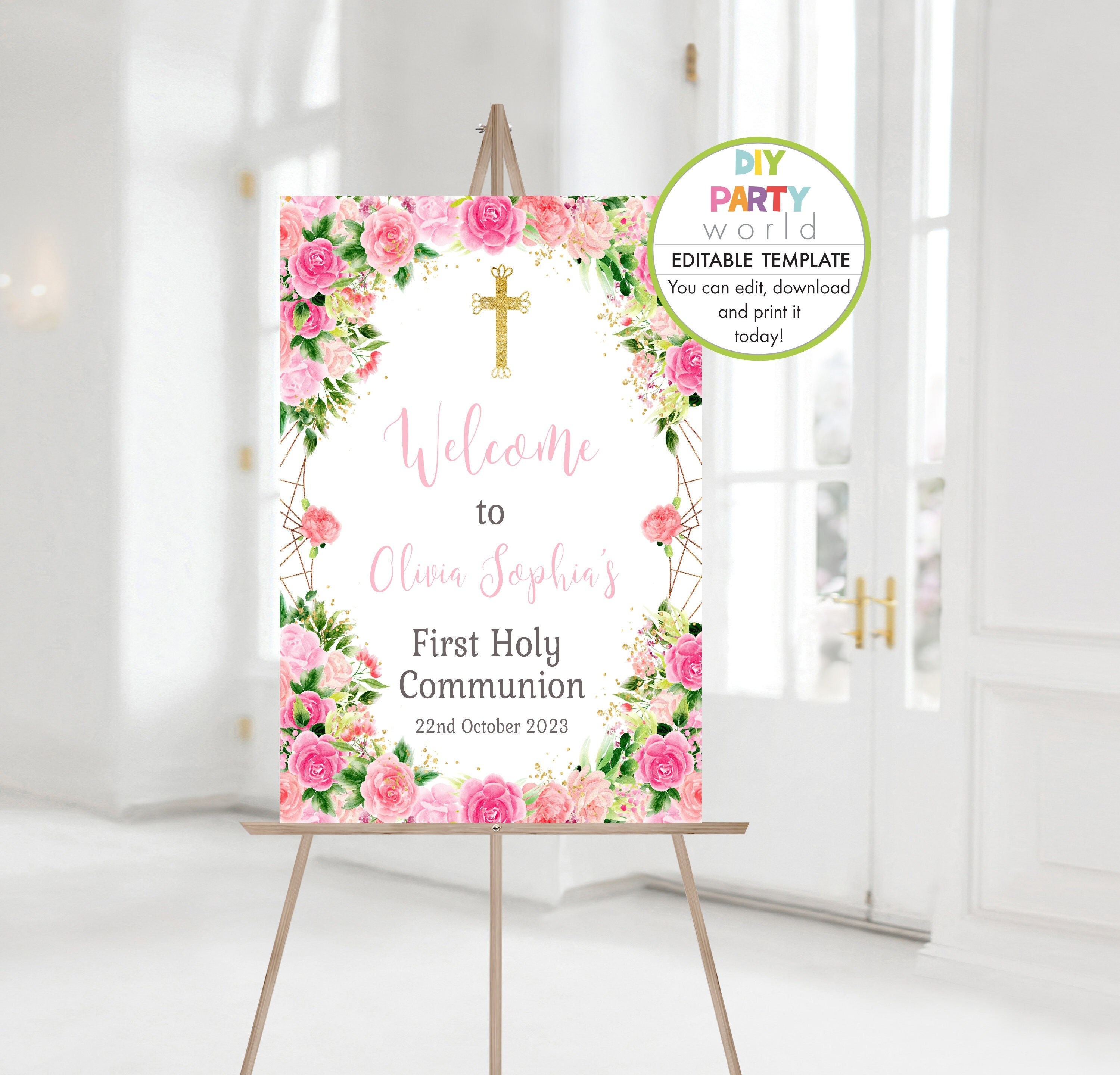 Paper & Party Supplies Editable Pink Floral BannerTemplate Editable 1st ...