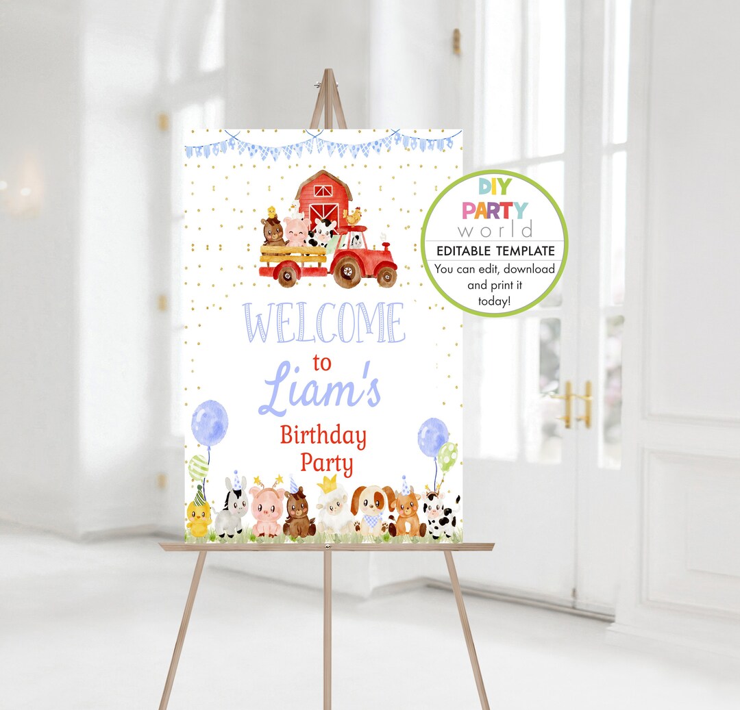 Editable Farm Animals Welcome Sign, Blue Farm Welcome Sign, Printable ...