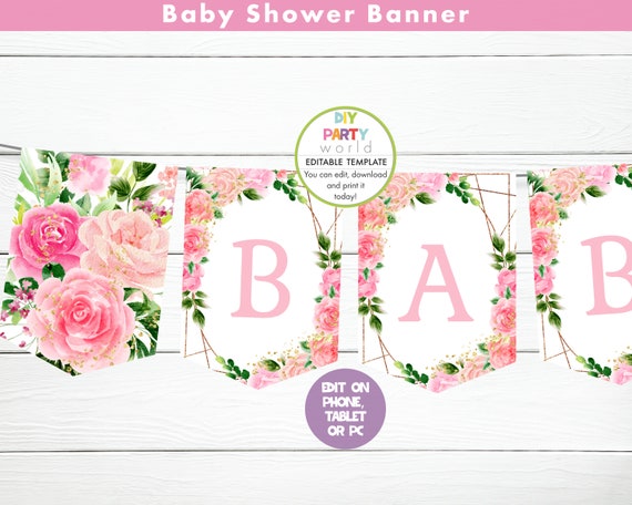 Paper & Party Supplies Editable Pink Floral BannerTemplate Editable 1st ...