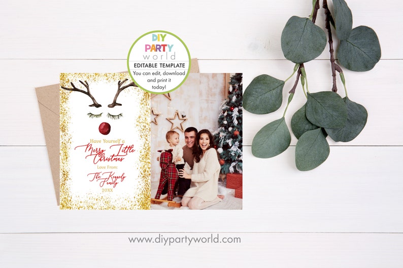 Christmas Photo Card, Reindeer Photo Christmas Card, Editable Card ...