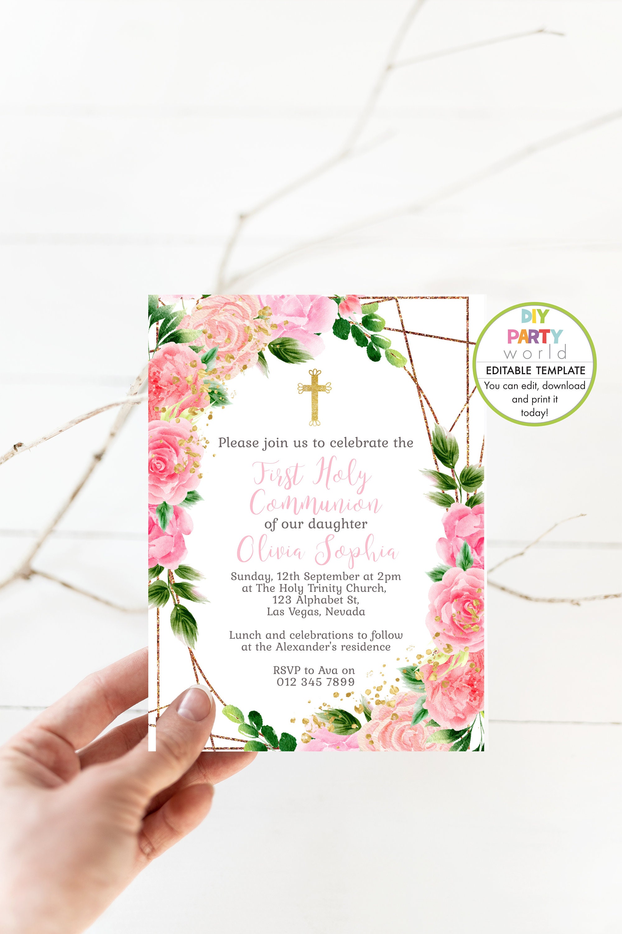 Editable Girls Communion Invitation, Printable First Holy Communion ...