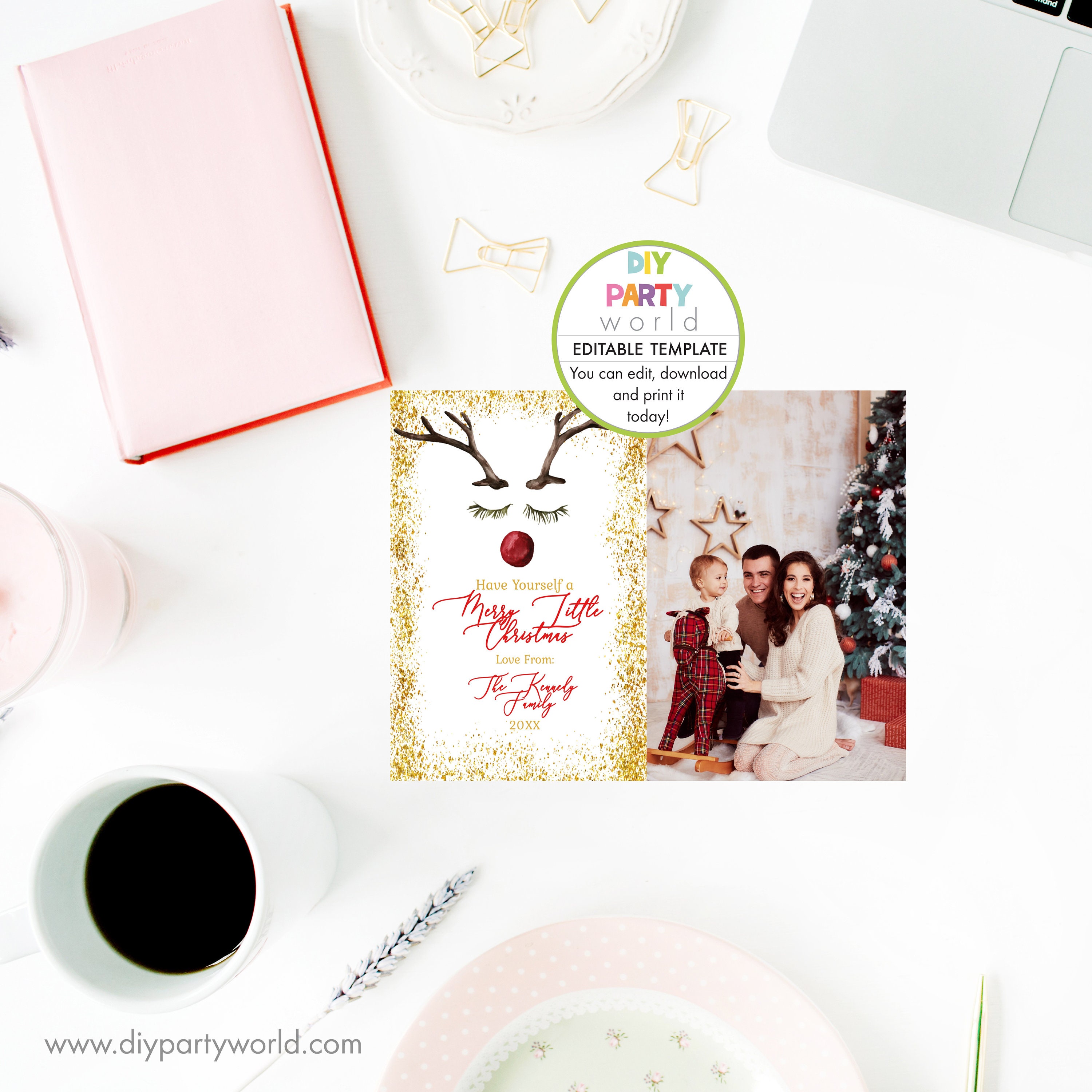 Christmas Photo Card, Reindeer Photo Christmas Card, Editable Card ...