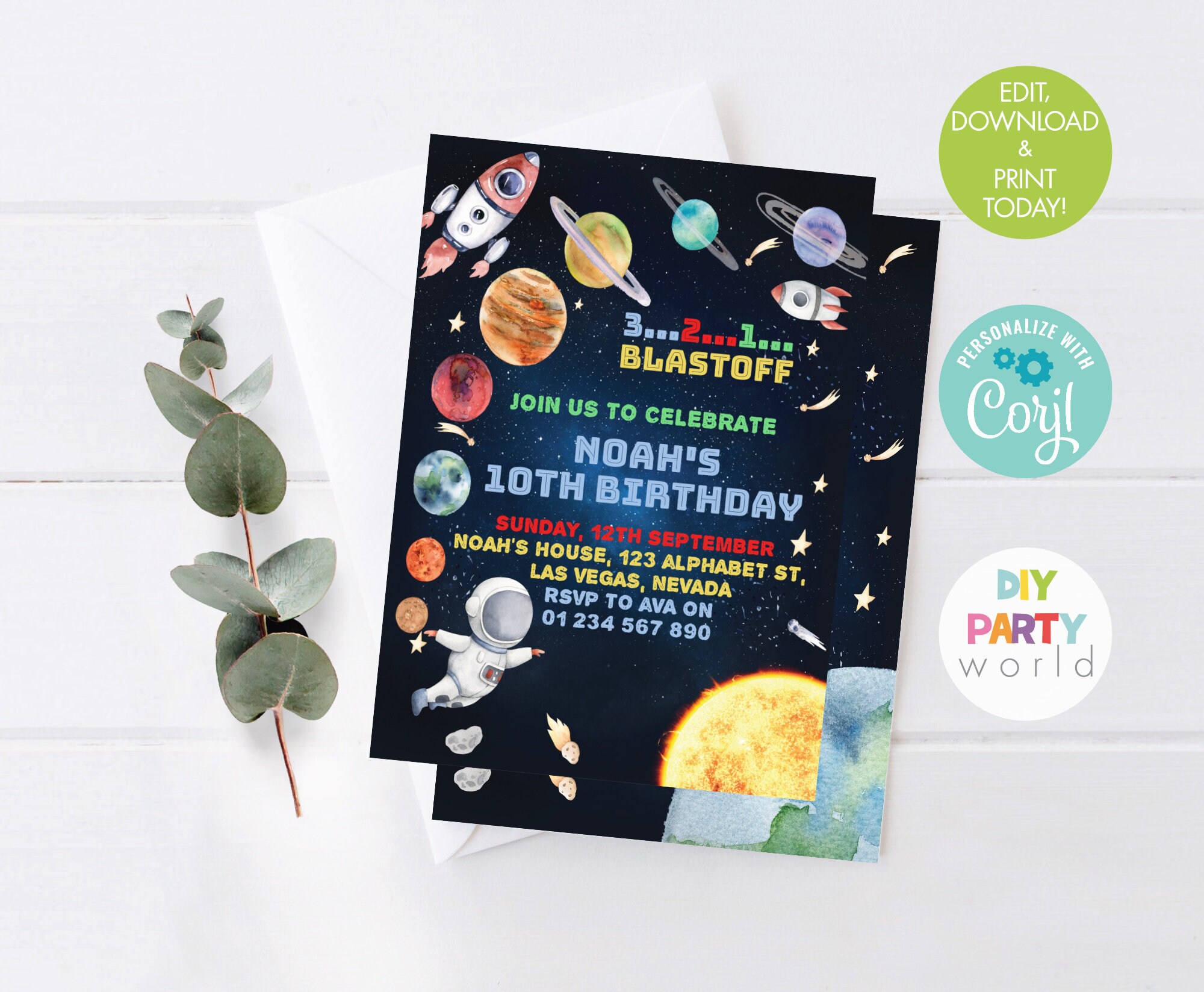 Editable Planets Birthday Invitation Printable Space Theme Party Invite ...
