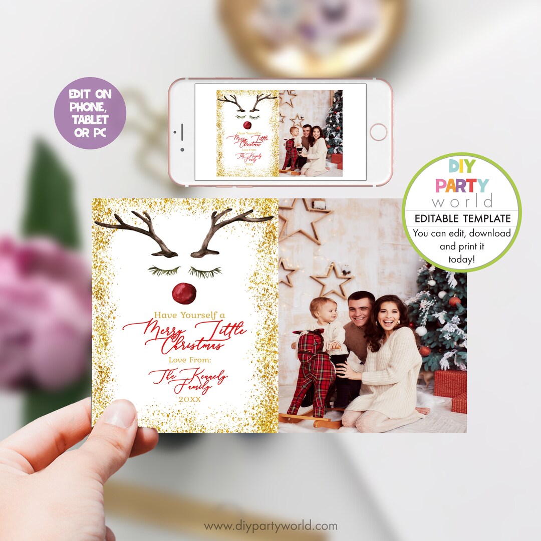 Christmas Photo Card, Reindeer Photo Christmas Card, Editable Card ...