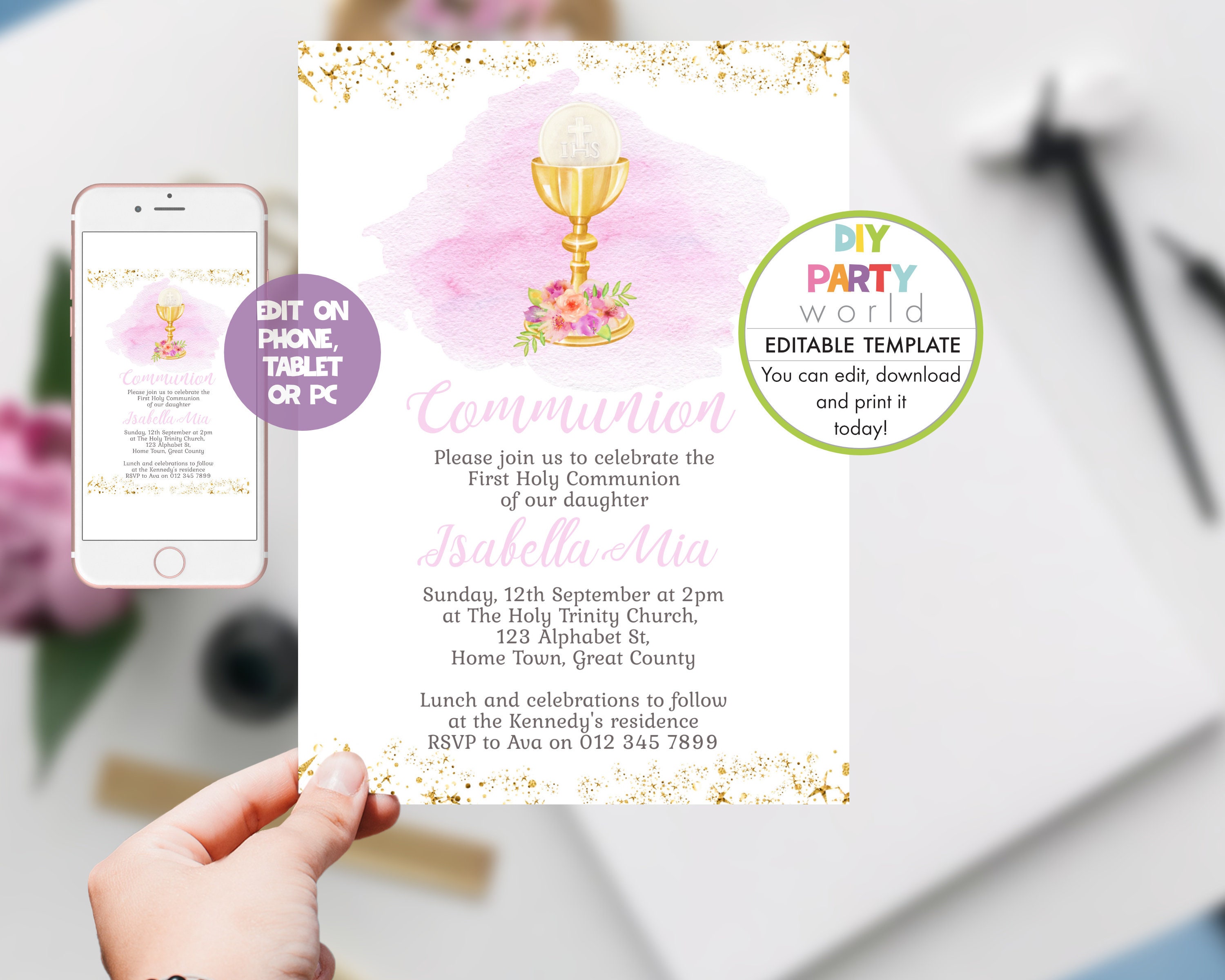 Editable First Communion Invitation Bundle, Pink and Gold Party Bundle ...