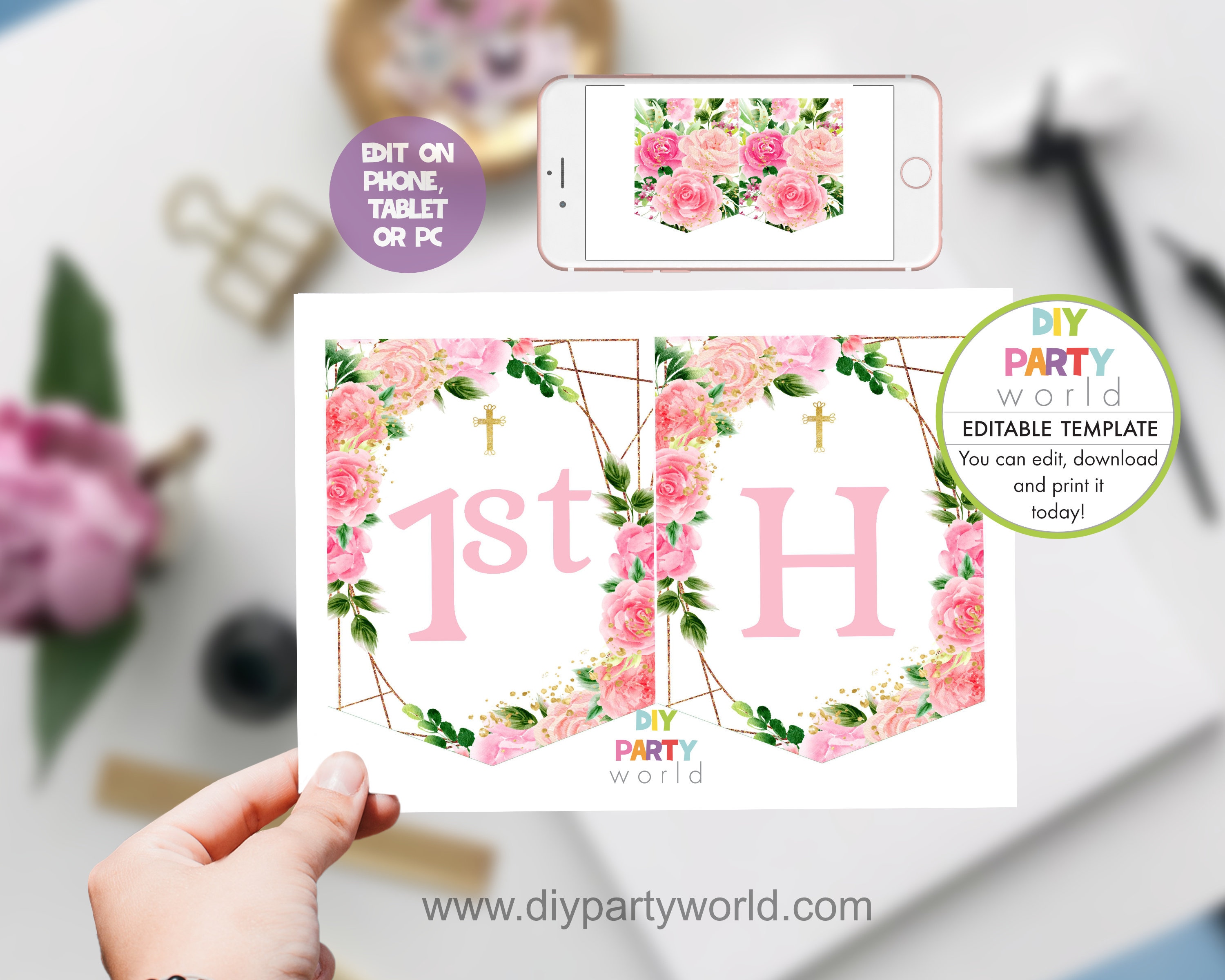 Paper & Party Supplies Editable Pink Floral BannerTemplate Editable 1st ...