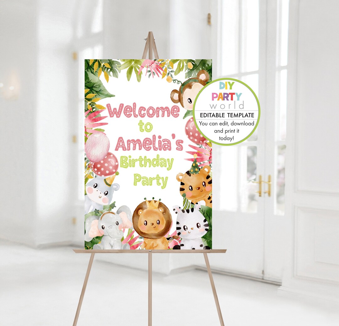 Pink Safari Animals Welcome Sign, Printable Sign, Editable Template ...