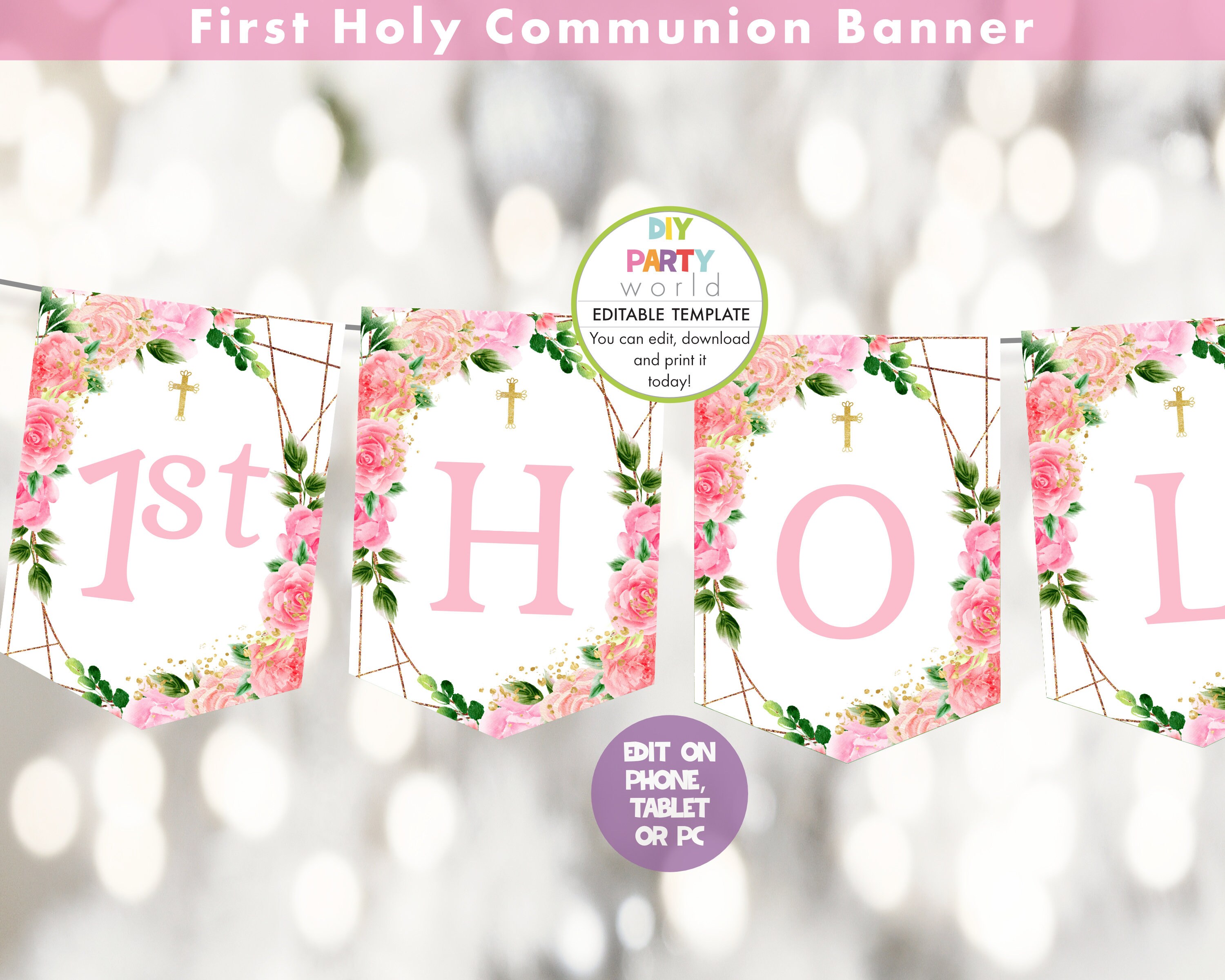 Paper & Party Supplies Editable Pink Floral BannerTemplate Editable 1st ...