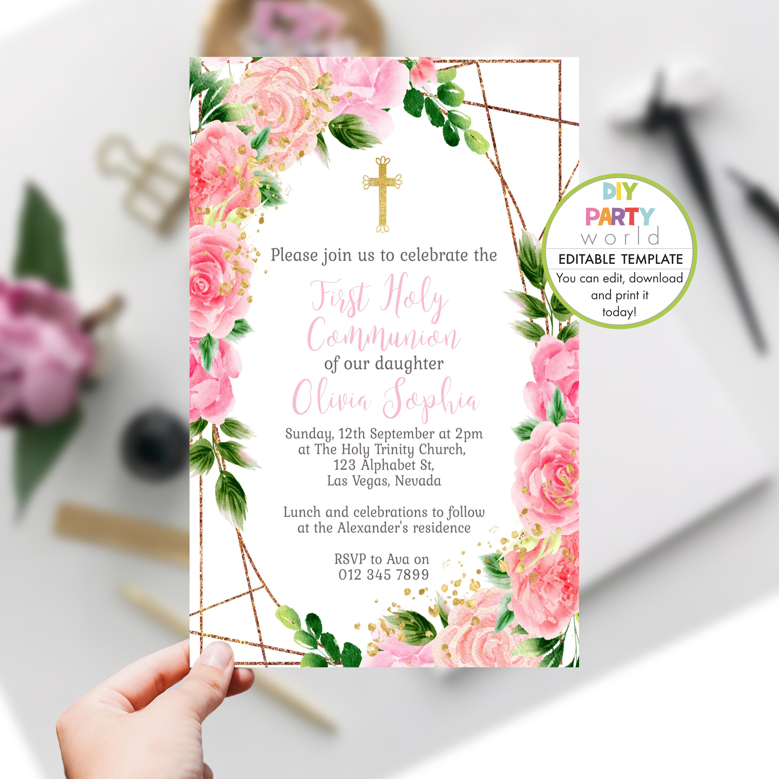 Editable Girls Communion Invitation, Printable First Holy Communion ...