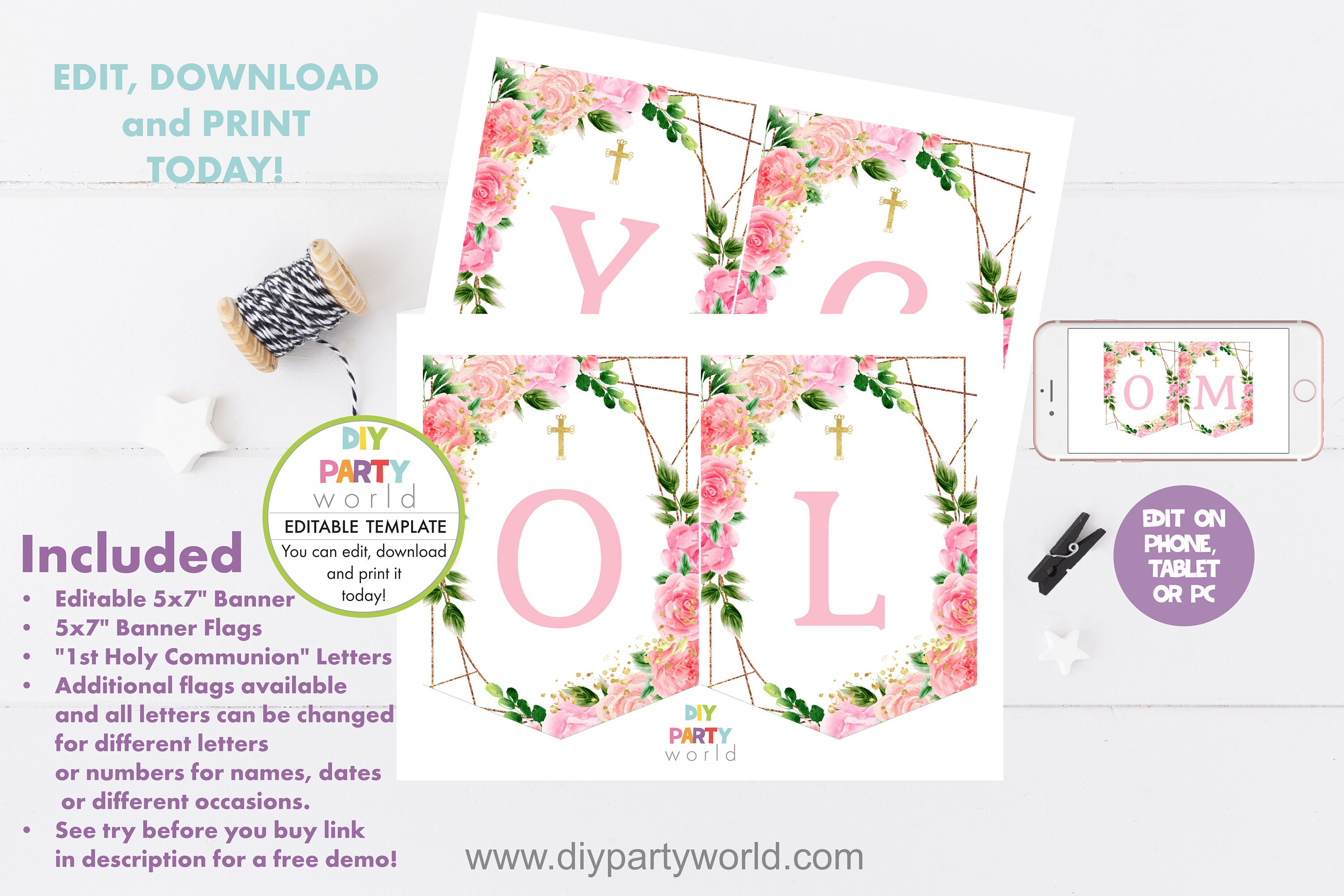 Paper & Party Supplies Editable Pink Floral BannerTemplate Editable 1st ...