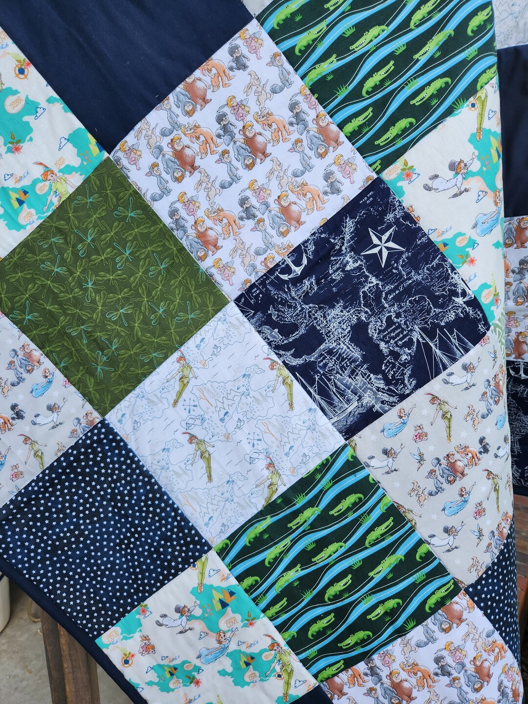Peter Pan-inspired Handmade Nursery Quilt in Navy and Olive, Handmade ...