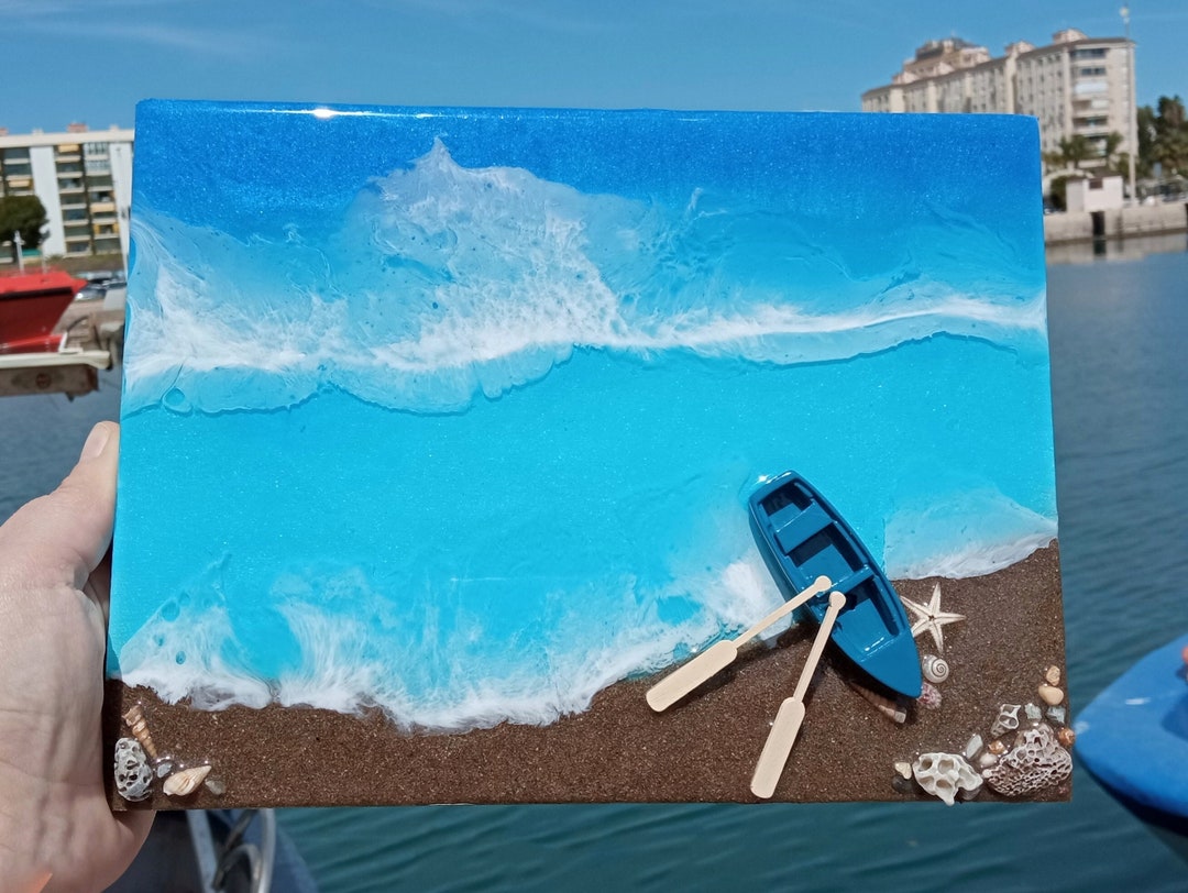 Resin Beach Art With Rowboat on the Shore, Ocean Resin Art, Realistic ...