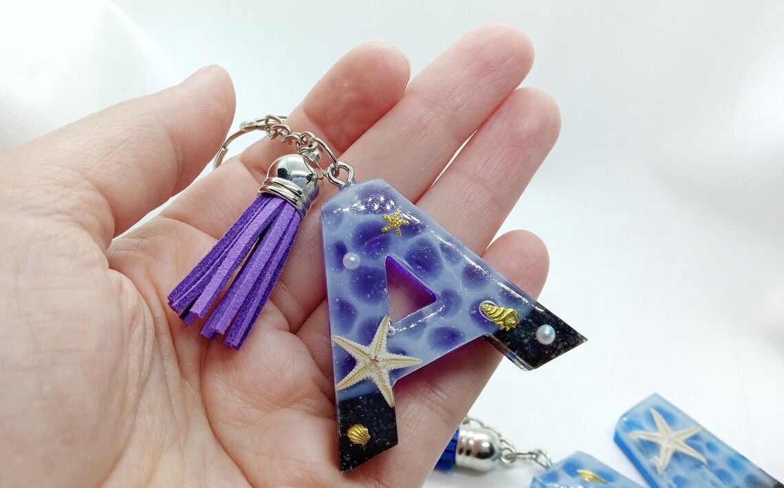 Initial Keychain, Volcanic Black Sand, Resin Custom Keyring, Beach ...