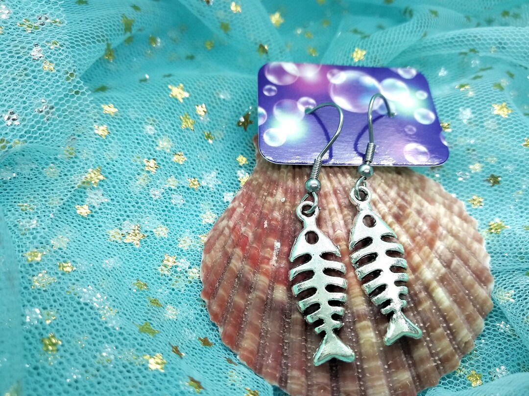Fishbone Earrings, Fish Bone Earrings, Silver Fishbone Charm, Aquatic ...