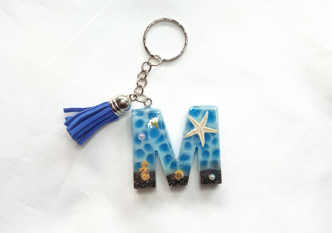 Initial Keychain, Volcanic Black Sand, Resin Custom Keyring, Beach ...
