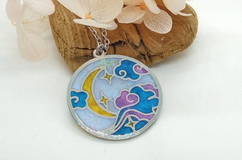 Stars and Crescent Moon Pendant, Night Landscape Necklace, Resin Clouds ...