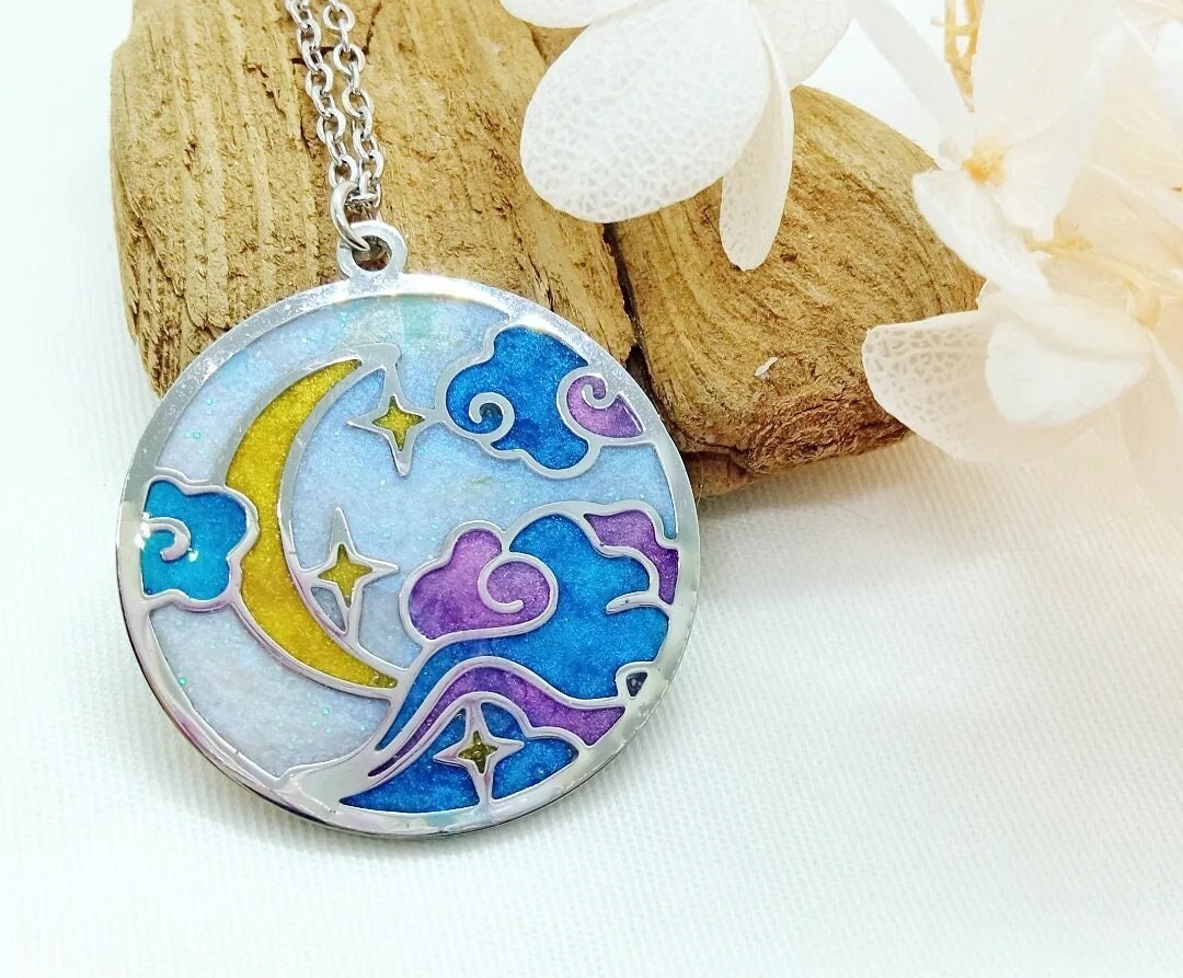 Stars and Crescent Moon Pendant, Night Landscape Necklace, Resin Clouds ...