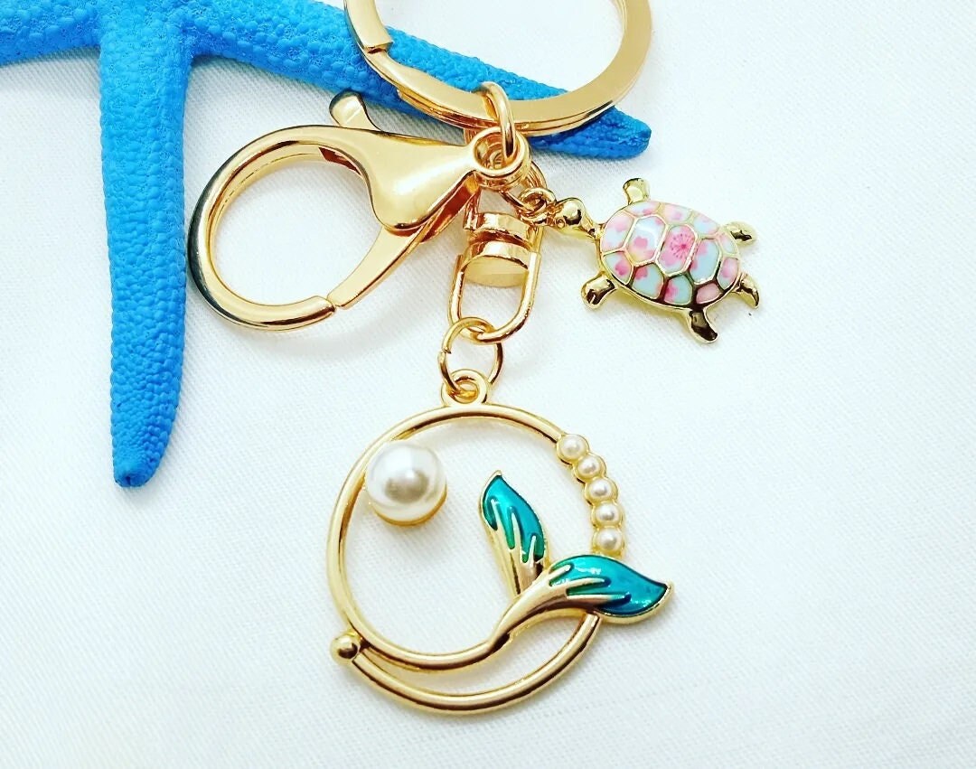 Turtle Keychain, Golden Mermaid Tail Keychain, Ocean Bagcharm, Beach ...