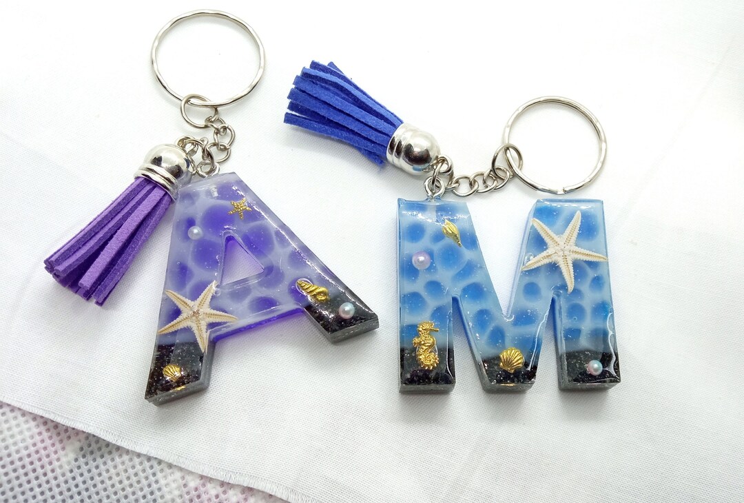 Initial Keychain, Volcanic Black Sand, Resin Custom Keyring, Beach ...