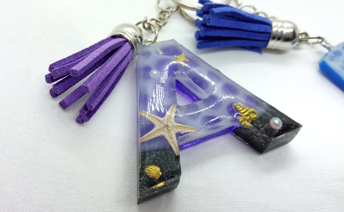 Initial Keychain, Volcanic Black Sand, Resin Custom Keyring, Beach ...