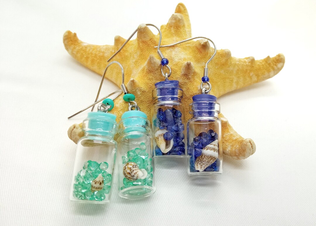 Glass Bottle Earrings With Miniature Seashells, Beach Bottle Earrings ...