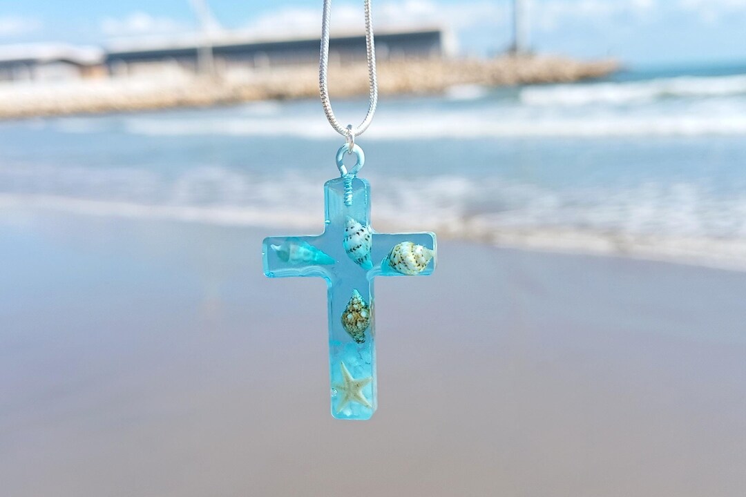 Ocean Christian Cross Necklace, Religious Pendant, Modern Blue Cross ...