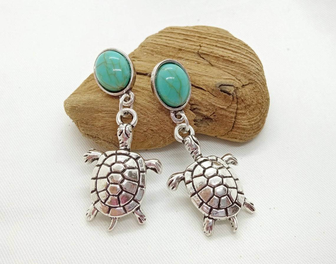 Sea Turtle Earrings, Turtle Jewelry, Turquoise Stone Jewel, Aquatic ...