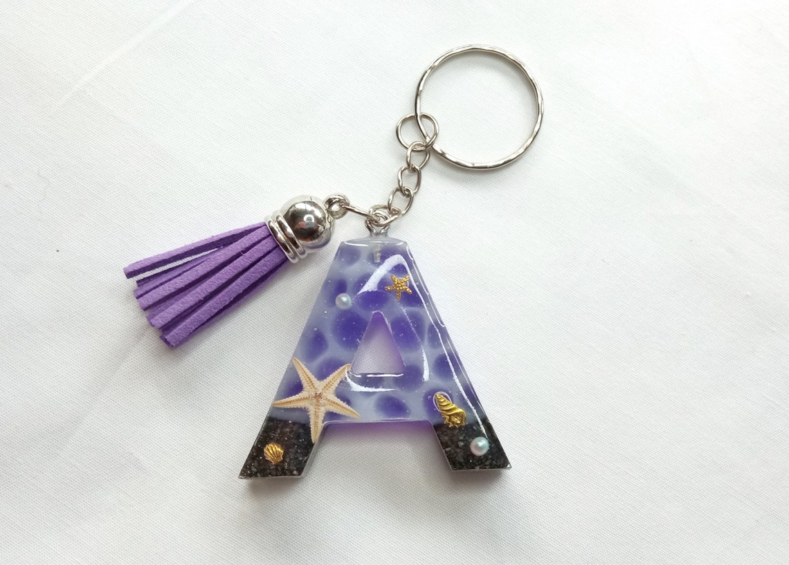 Initial Keychain, Volcanic Black Sand, Resin Custom Keyring, Beach ...