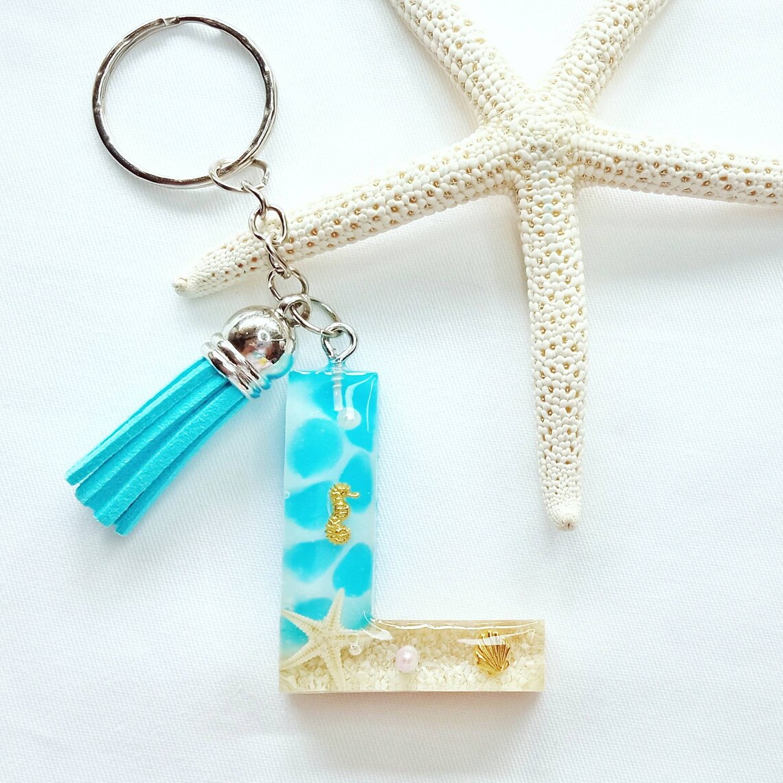 Beach Letter Keychain, Initial Bagcharm, Ocean Keyring, Sea Keyring ...
