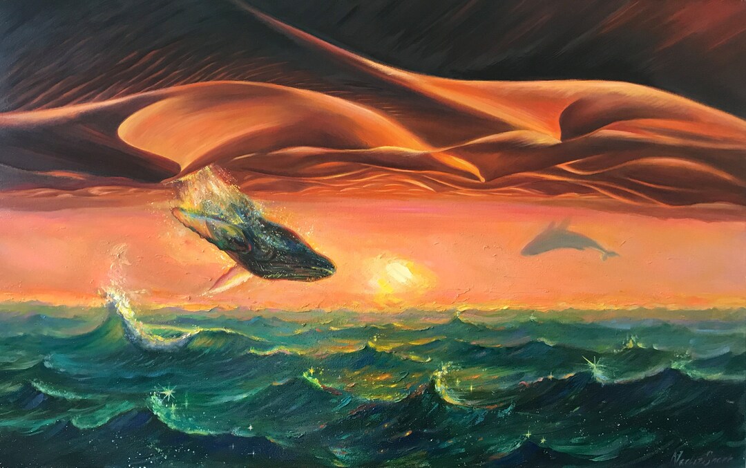 Sea Painting, Gold Sunset, Art Abstract Oil Painting, Whales in the Sea ...