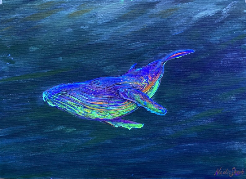Wal im tiefen Wasser, leuchtende Malerei, UV-Malerei, bunte Kunst ...
