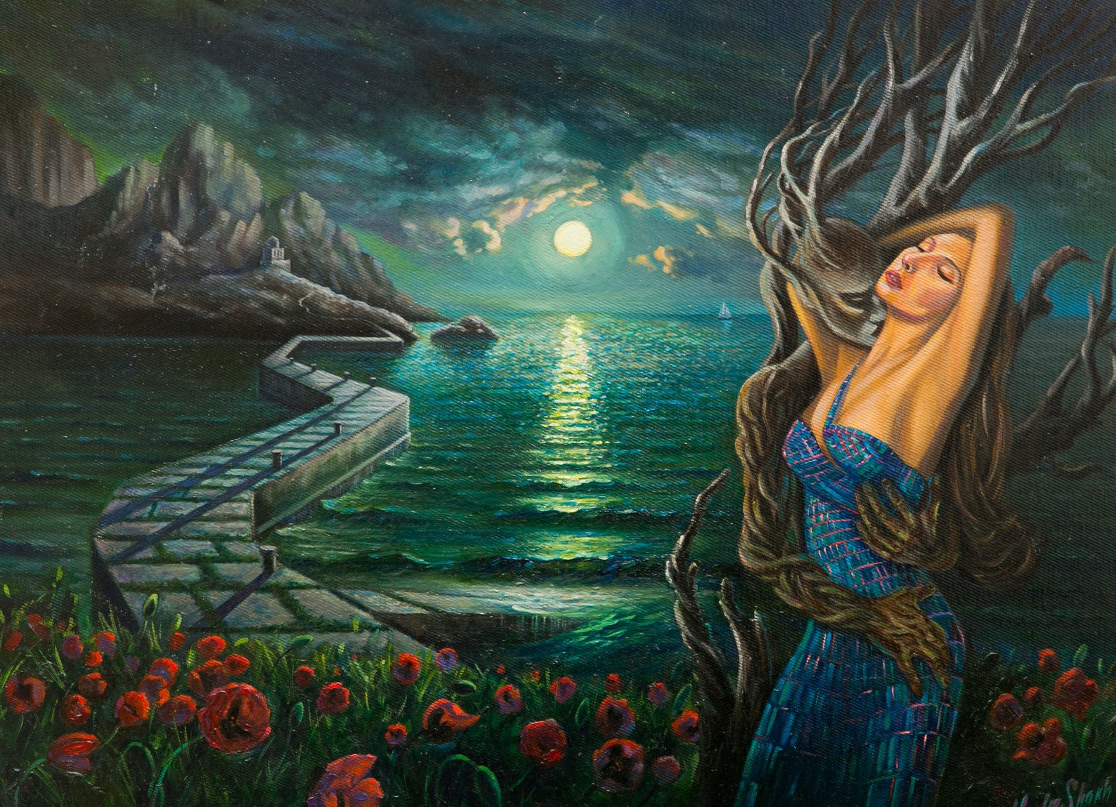 Man and Woman Embrace, Romantic Painting, Night Landscape, Oil Painting ...