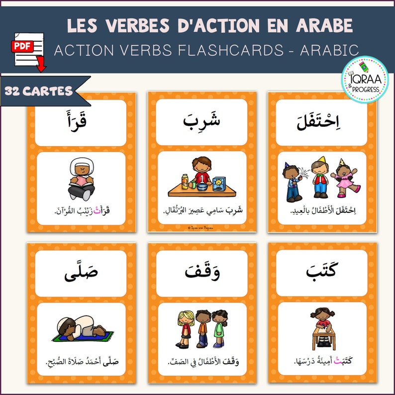 Action Verbs Cards in ARABIC 32 Cards 32 Action Verbs Arabic FLASHCARDS ...