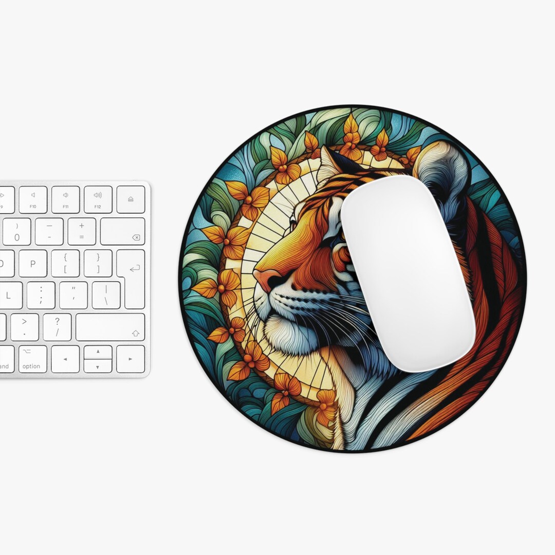Tiger Mouse Pad, Stained Glass Effect, Durable Round Desk Mat, Jungle ...