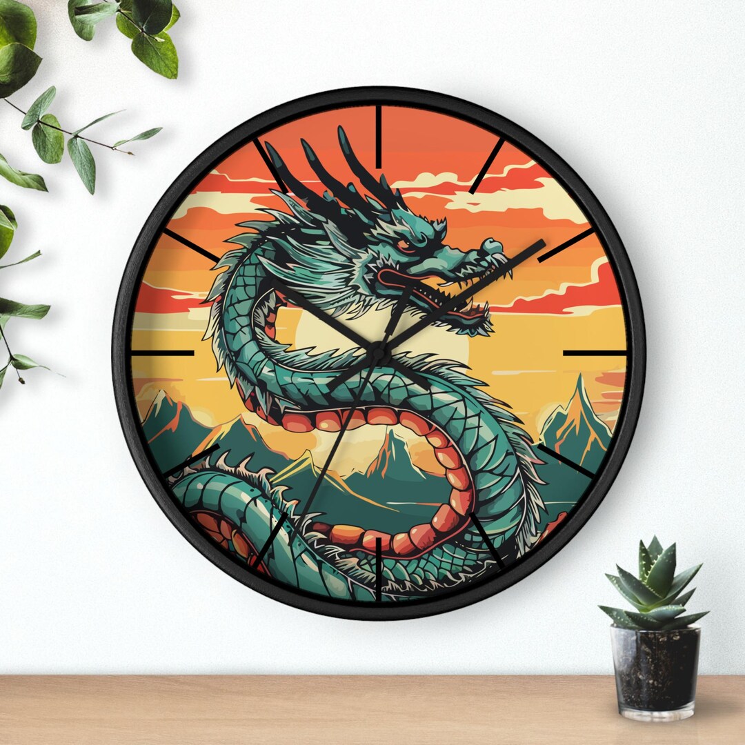 Dragon on the Rocks Wall Clock, Premium Silent Clock, Dragon Lovers ...