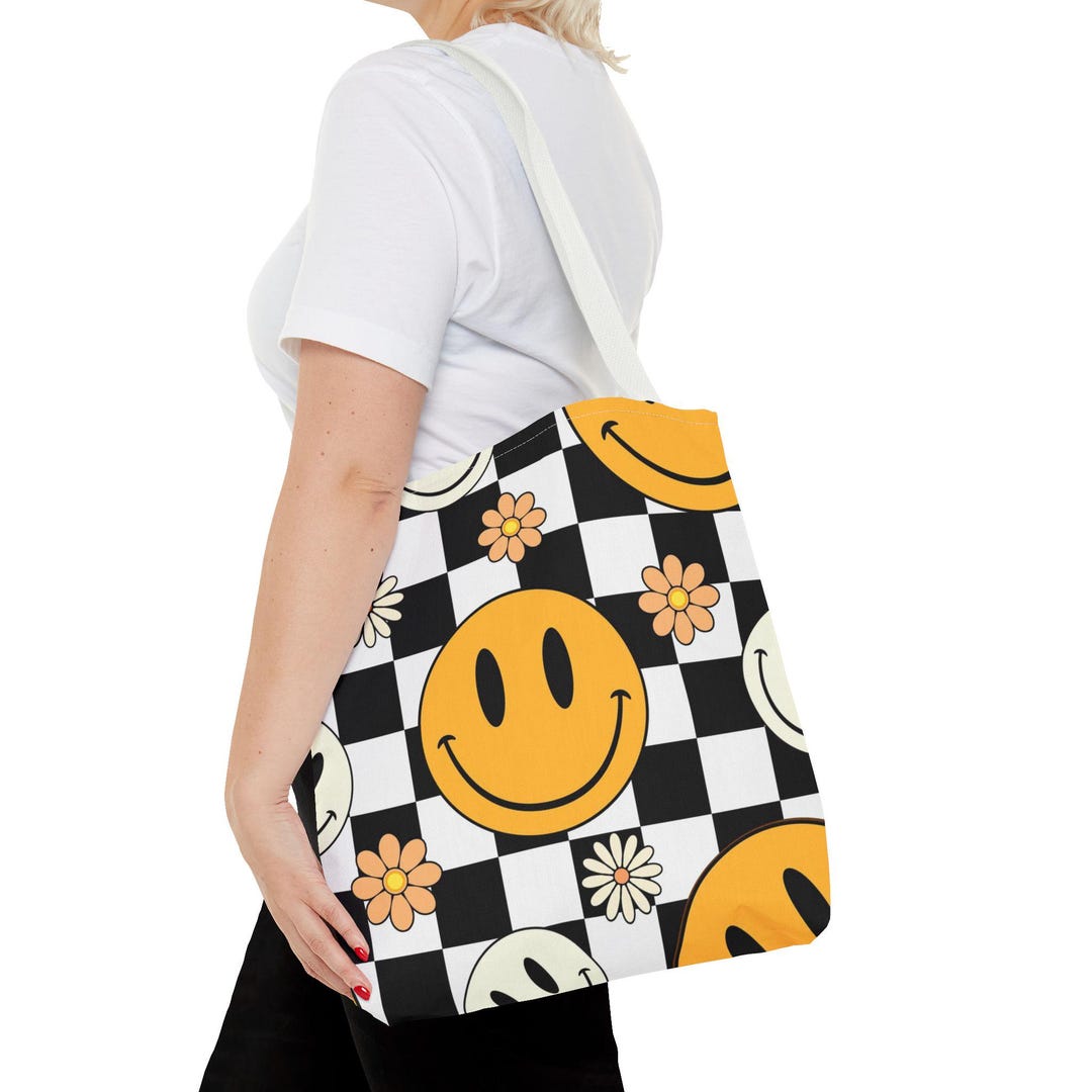 Smiley Face Checkered Tote Bag, Fun Happy Check Pattern Beach Bag ...