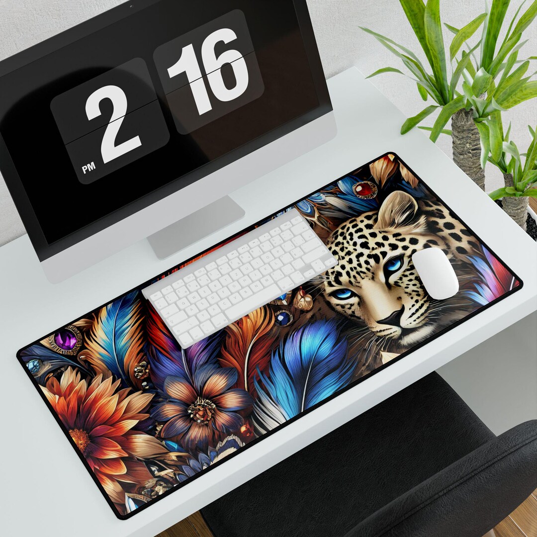 Leopard Desk Mat | Floral Feathers Gaming Desk Pad - Etsy