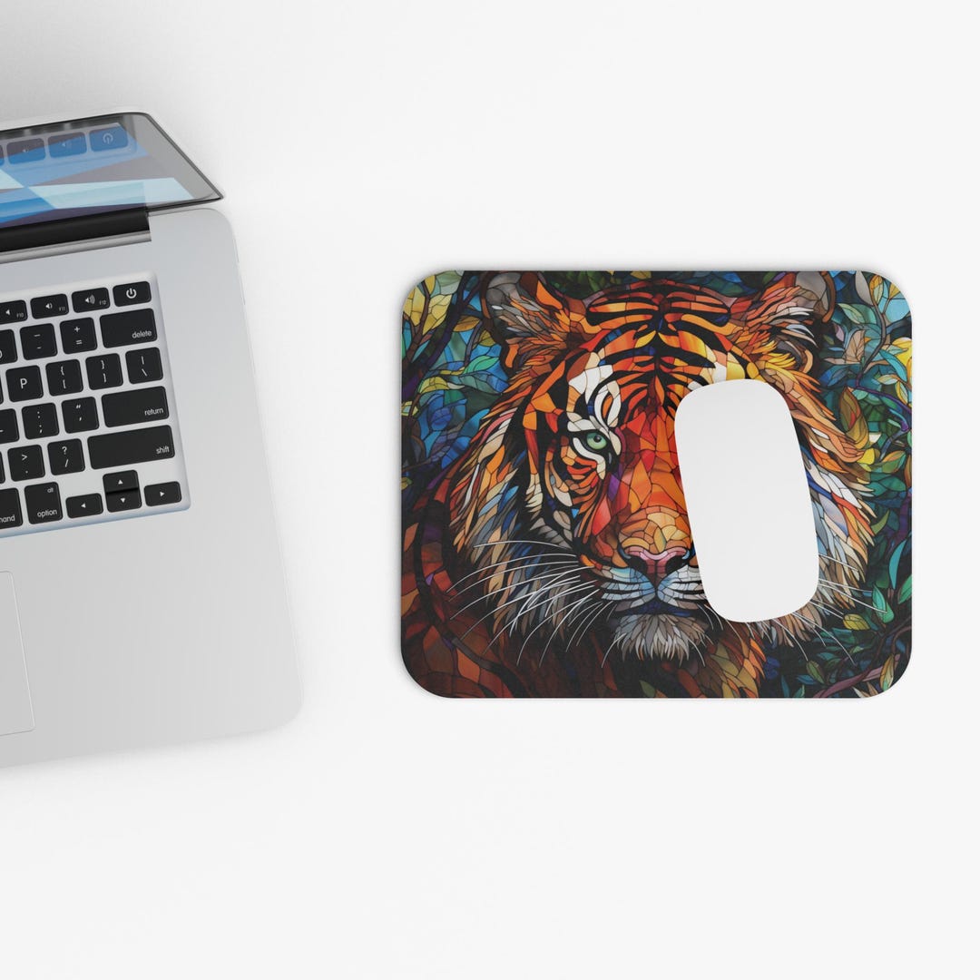 Tiger Mouse Pad | Colorful Animal Desk Mat, Faux Stained Glass - Etsy