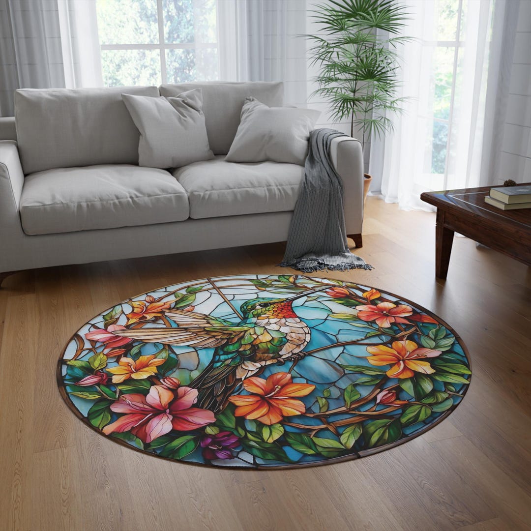 Stained Glass Effect Hummingbird Round Rug | Floral Bird Floor Mat - Etsy
