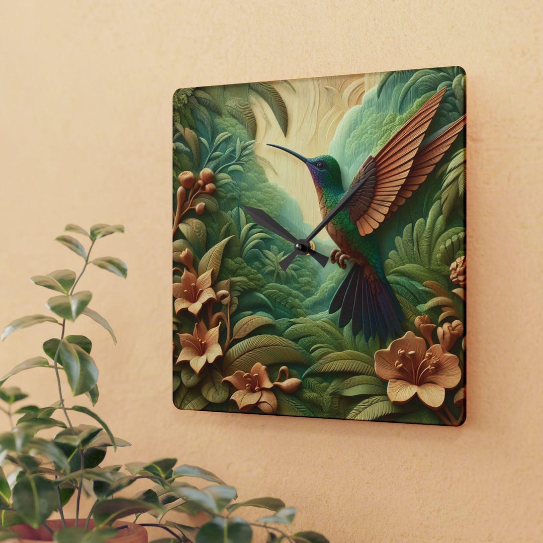 Hummingbird Tropical Forest Wood Carving Acrylic Wall Clock, Unique ...