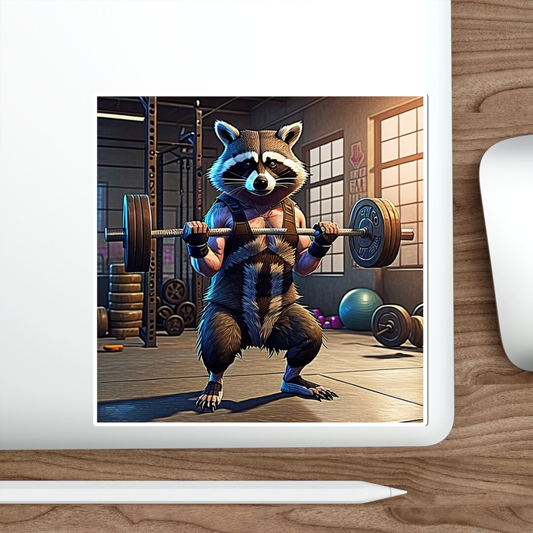 Funny Raccoon Barbell Biceps Workout Water-resistant Die-cut Stickers ...