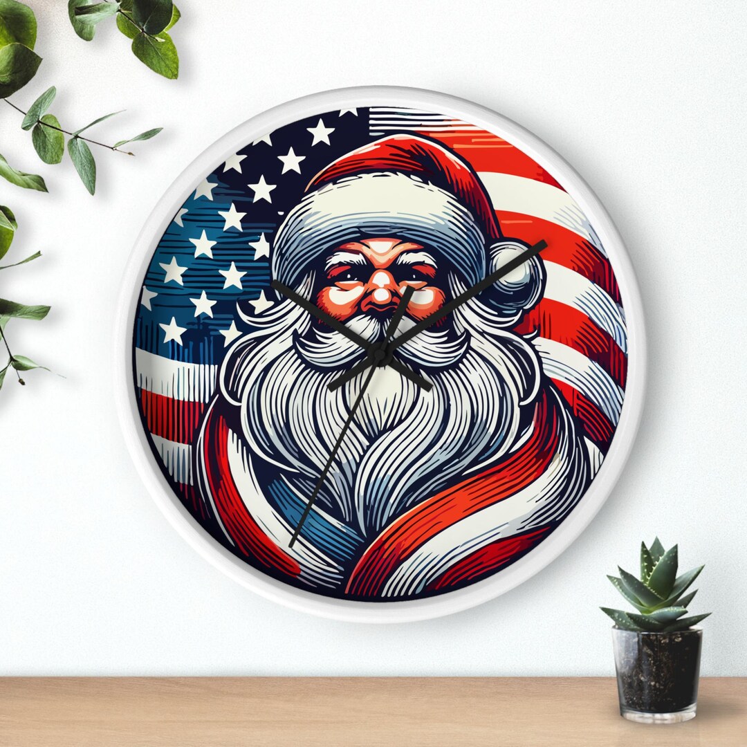 Santa American Flag Silent Wall Clock, Christmas Decor, Patriotic ...