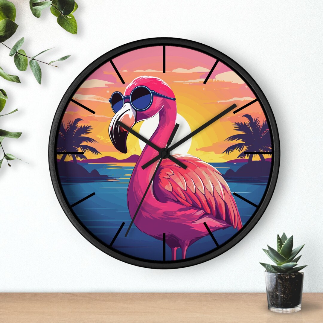 Pink Flamingo Wall Clock, Tropical Beach Sunset Decor, Flamingo Lover ...