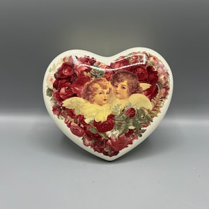 Teleflora Heart Shaped Ceramic Roses Cherubs Angels Trinket Jewelry ...