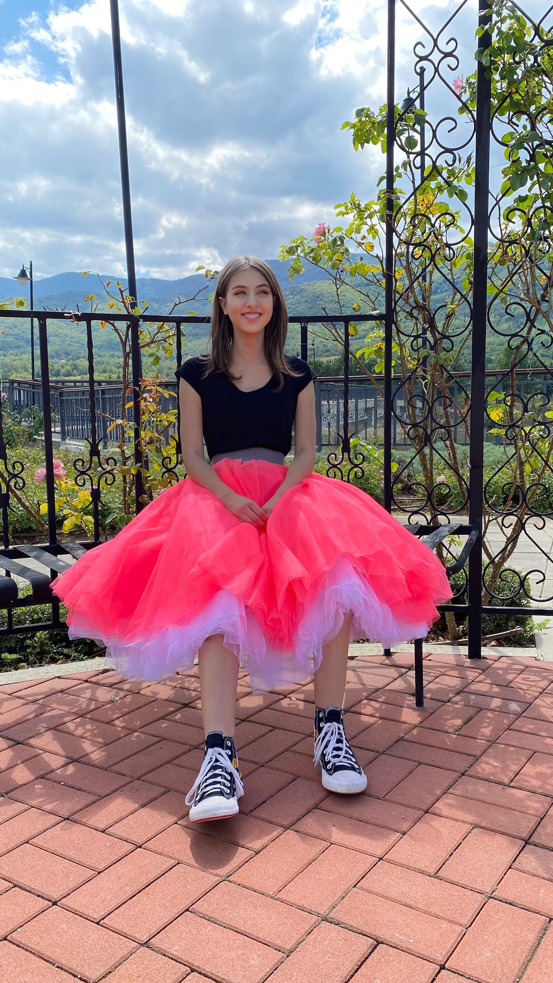 Neon Pink Tulle Skirt: White Layered Midi Tutu, Party Outfit, Verne ...