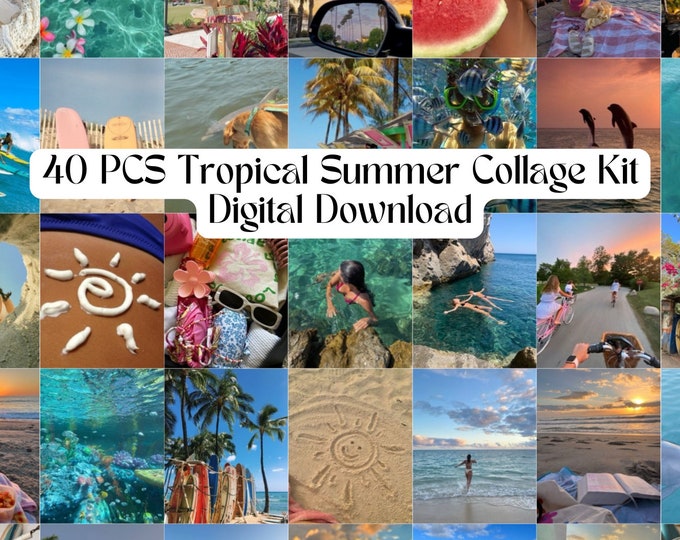 Tropical Summer Collage Kit , Ocean Waves Surf, Beach Surfing, Collage ...