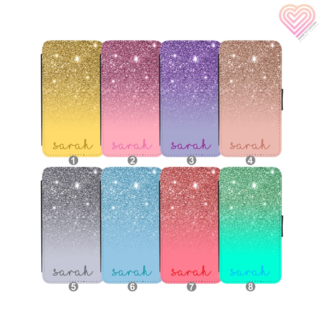 Custom Leather Phone Wallet With Name Printed Glitter Design Mobile ...